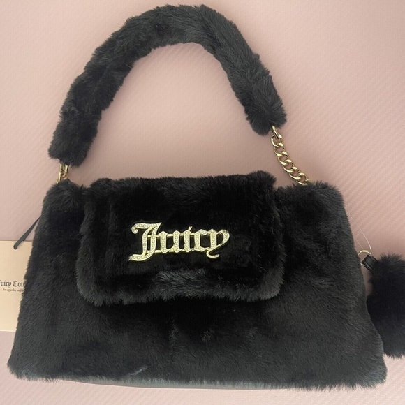 Juicy Couture | Bags | Juicy Couture Fluffy Licorice Shoulder Bag Fluffy Heart Charm Gold Chain ...